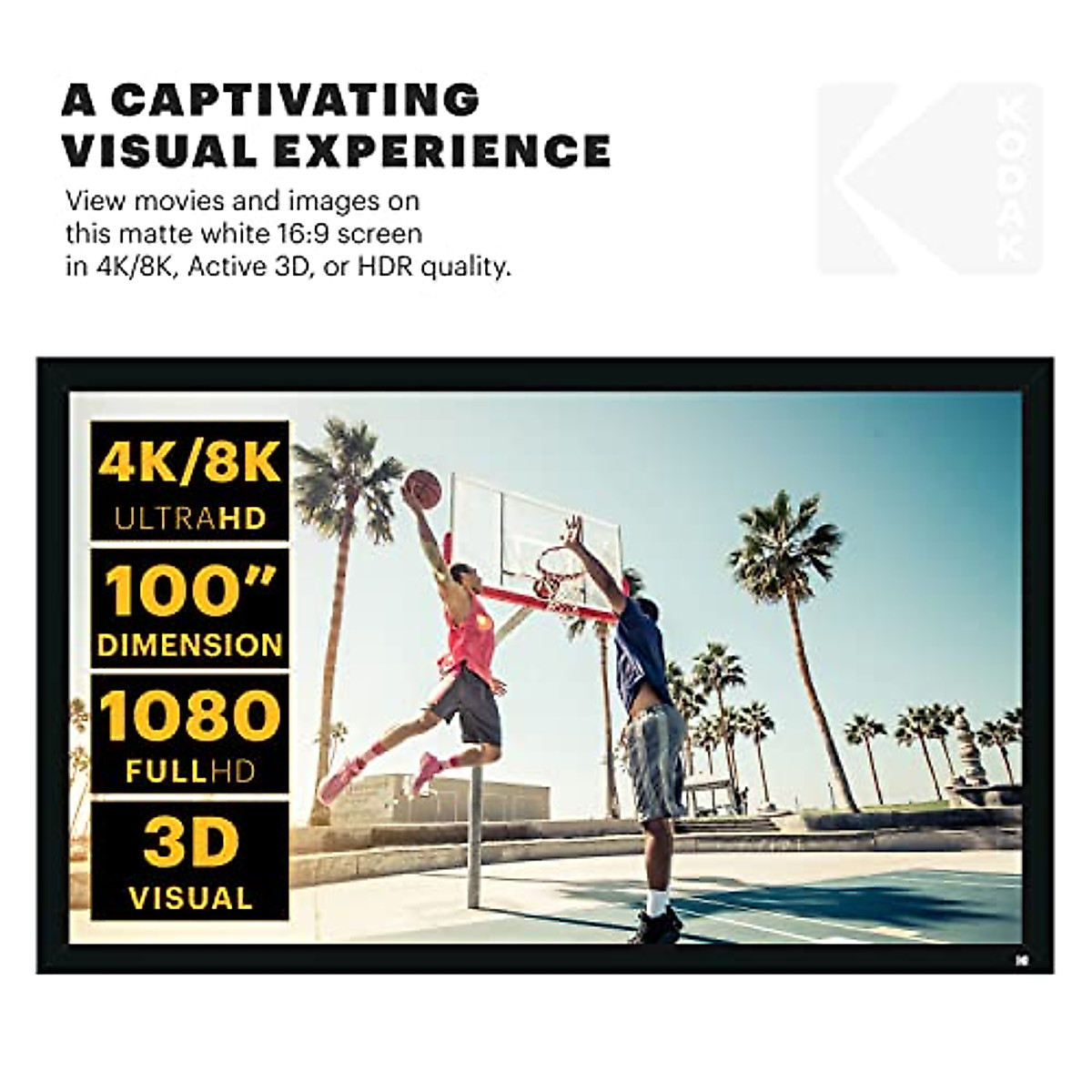KODAK Projector Screen | 100” Fixed Frame Home Projection Screen with Black Velvet Frame, Durable PVC & Wall Mount Kit | 160° View Angle, 16:9, 1.1, Full HD 4K 8K & Active 3D Ready for Movies & Gaming