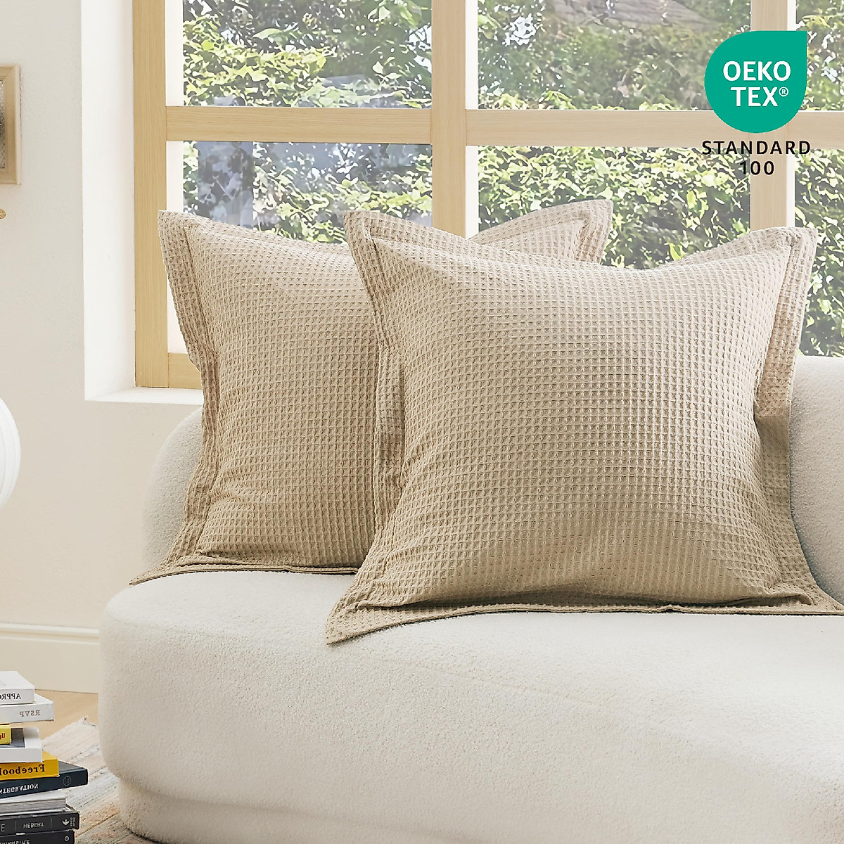 Bedsure Euro Sham Pillow Covers - 100% Cotton Waffle Weave Pillow Shams 2 Pack, Ultra Soft and Cozy Throw Pillow Covers for Bed Pillows, Decorative Euro Shams for Sofa and Couch, Khaki, 26x26 Inches