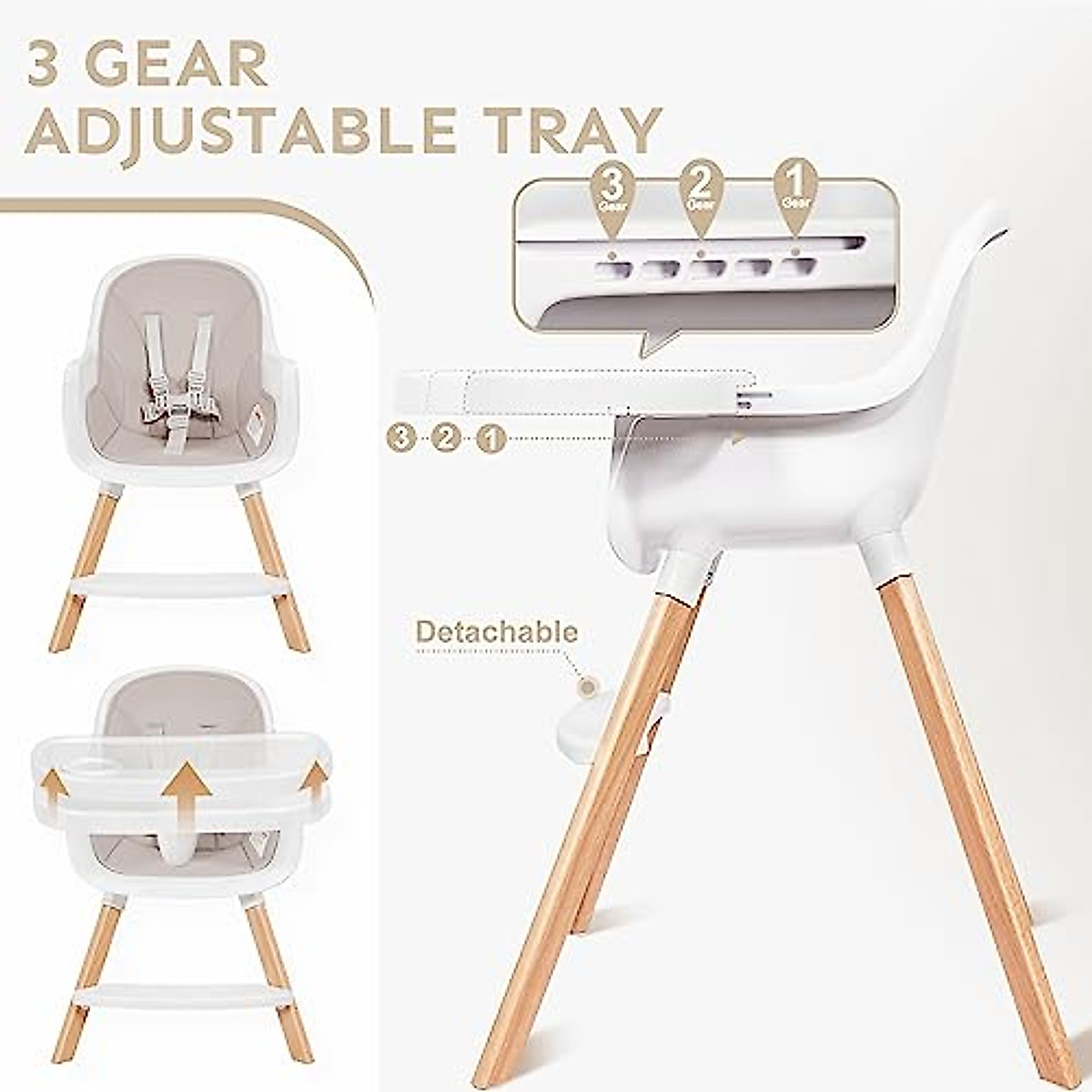 Convertible High Chair, 3 in 1 High Chairs for Babies and Toddlers, Baby High Chair with Adjustable Legs and Double Dishwasher Safe Tray, Made of Sleek Hardwood and Premium Leatherette