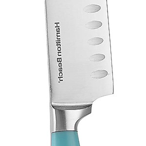 Hamilton Beach 14-Piece Kitchen Knife Cutlery Set, Aqua Blue Handles, Sharp Stainless Steel, Wood Block with Chef's, Santoku, Bread, Steak, Paring, Utility Knives, and Scissors