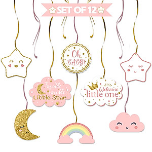 LINGTEER Twinkle Twinkle Little Star Swirls Streamers - Cheers to Baby Shower Birthday Party Hanging Decorations - Girl.