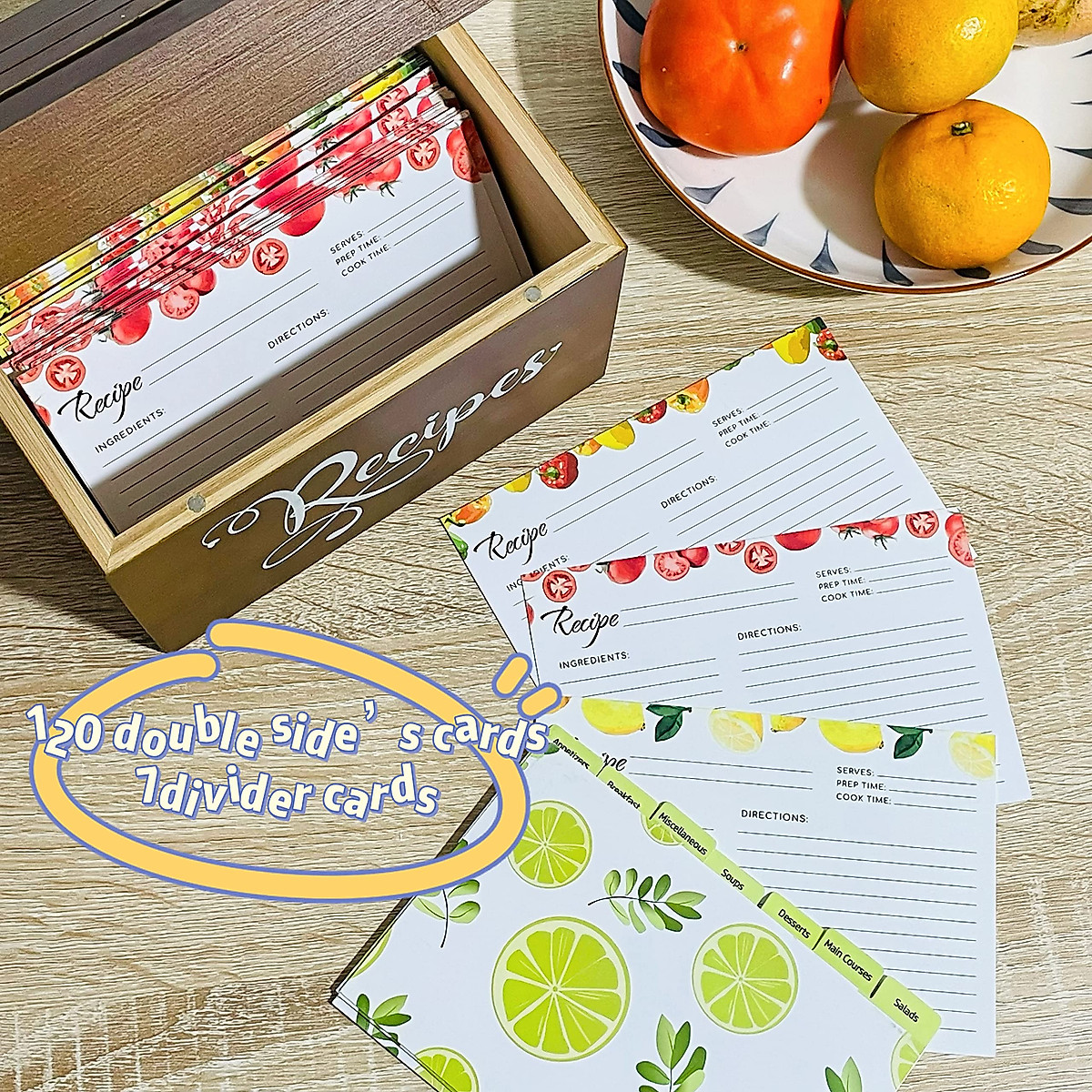 Lumicook Cursive Wood Recipe Box with 120 Double Sided Cards and 7 Dividers | Bamboo Recipe Card Box with Phone and Card Holder | Dark Brown Bamboo Wood Recipe Organizer