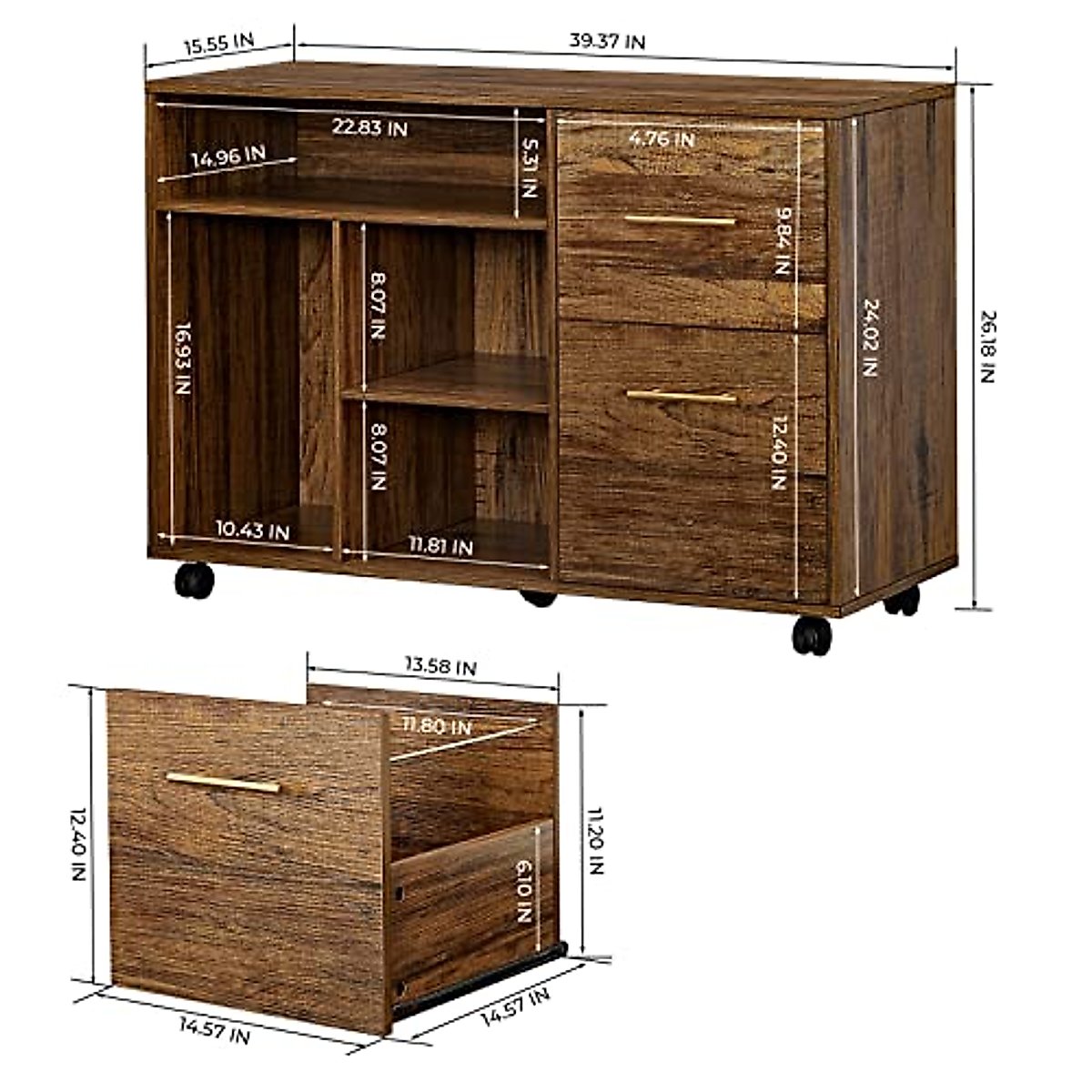 GreenForest File Cabinet for Home Office with Drawer 40 inch Mobile Filing Cabinets Printer Stand with Open Storage Shelves, Walnut