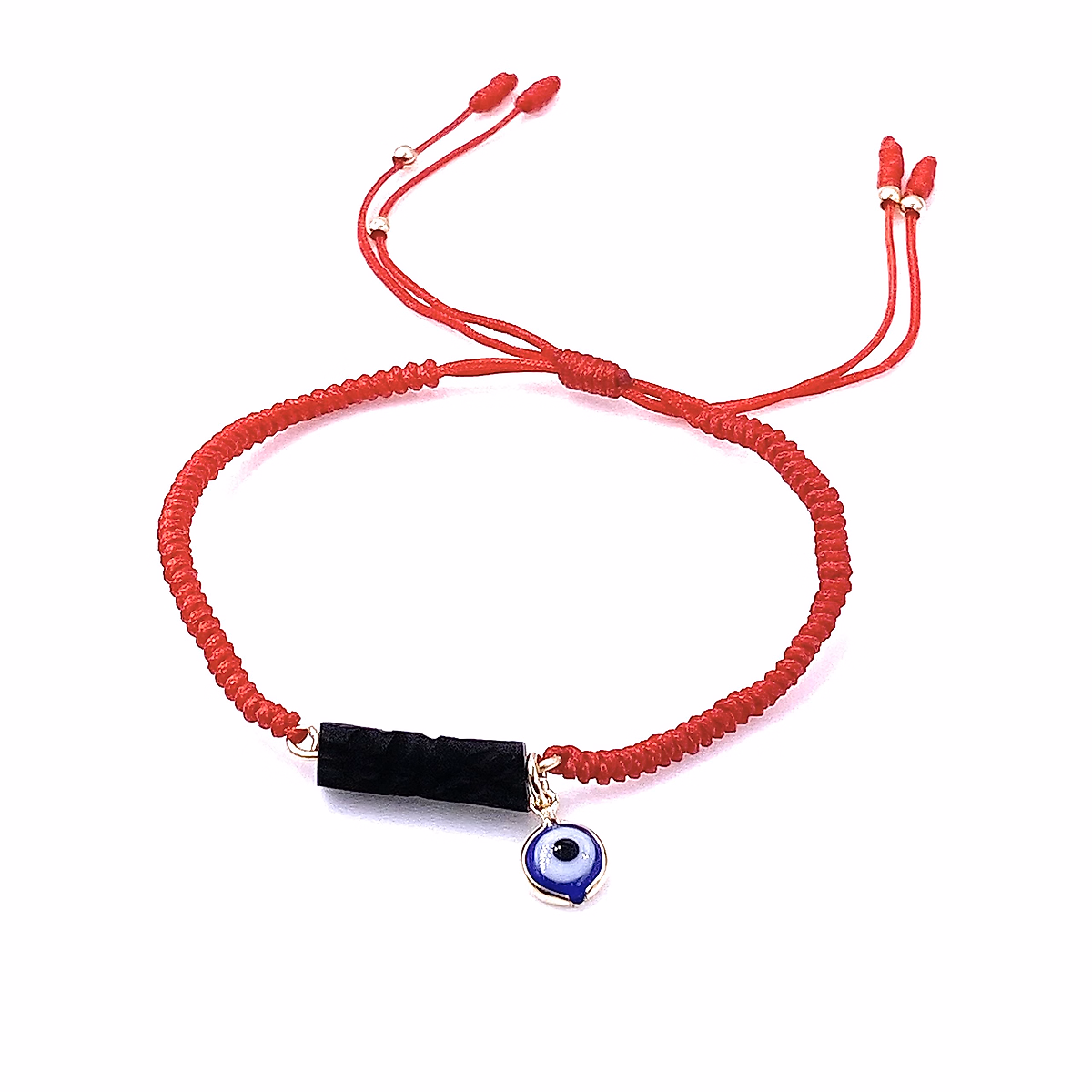 LESLIE BOULES Red Thread Genuine Azabache Hand Bracelet with Small Blue Evil Eye Connector Handmade Jewelry