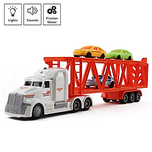 Vokodo Toy Semi Truck Trailer 3 Car Carrier 14" Friction Powered with Lights and Sounds Kids Push and Go Big Rig Auto Transporter Vehicle Semi-Truck Pretend Play Great Gift for Children Boys Girls