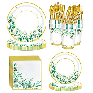 192PCS Sage Green Party Decorations Sage Green Plates Napkins Cups Straws Cutleries Party Supplies Eucalyptus Greenery Tableware for Baby Shower Bridal Shower Birthday Gender Neutral, Serves 24