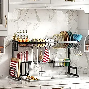 PUSDON Over Sink Dish Drying Rack (26"-37"), Adjustable Large Dish Drainer for Storage Kitchen Counter Organization, 2 Tier Stainless Steel Over Sink Dish Rack Display (Black, Sink Size≤37inch)