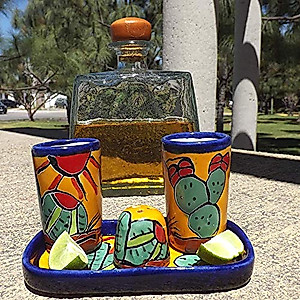 MEXTEQUIL - Authentic Mexican Talavera Tequila Shot Glasse with Tray and Salt Shaker - 2 Shots, 4pieces - Giffable - Artisanal colorful hand-painted (Cactus)
