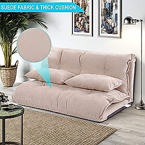 Adjustable Floor Sofa Bed with 2 Pillows , Folding Futon Couch Leisure Lazy Sofa with 5 Reclining Position, Suede Floor Sofa for Reading or Gaming in Bedroom/Living Room/Balcony,Beige