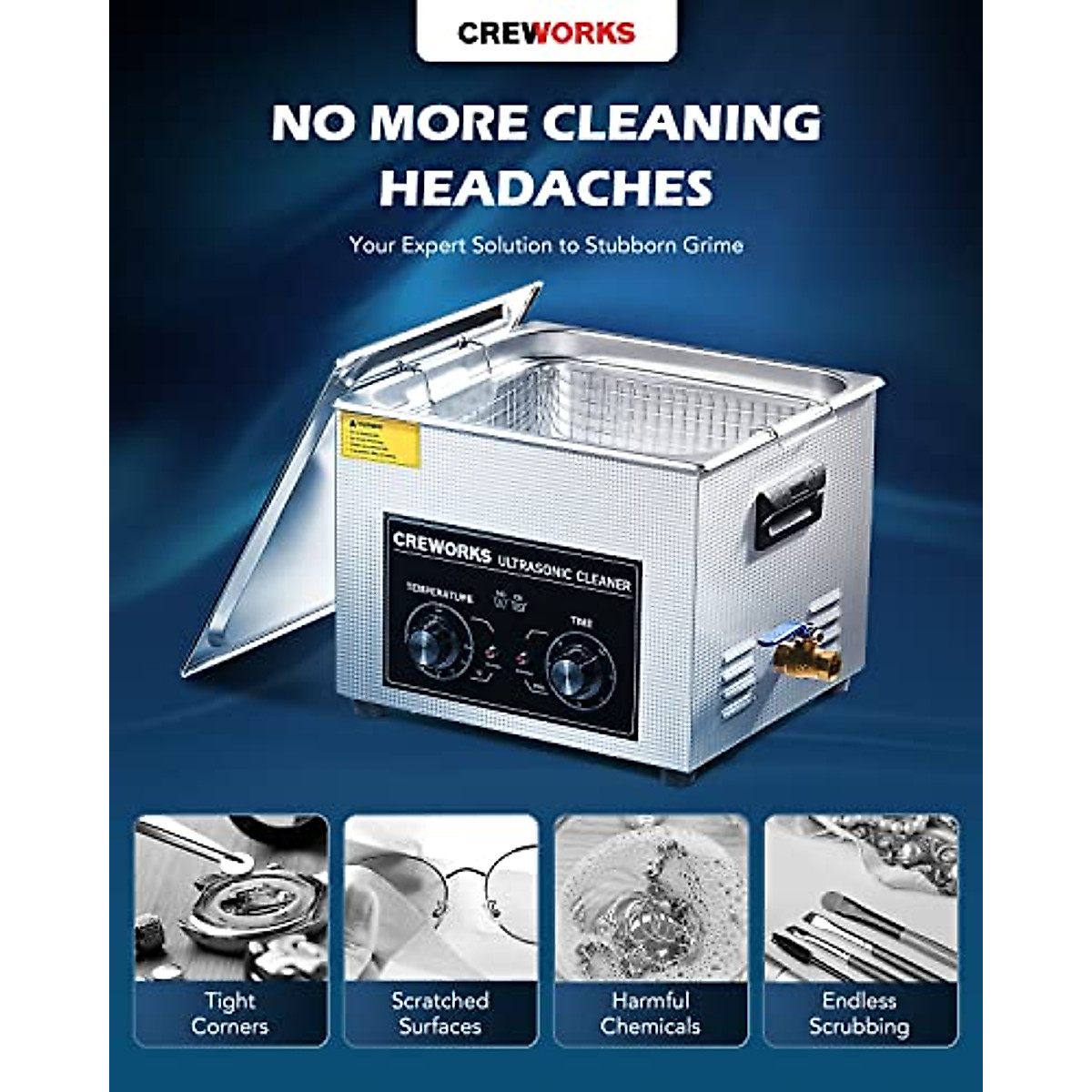 CREWORKS Ultrasonic Cleaner with Heater and Timer, 360W Professional Ultrasonic Cleaning Machine, 4 gal Stainless Steel Sonic Cavitation Machine with Knobs for Cleaning Jewelry Watch Glasses