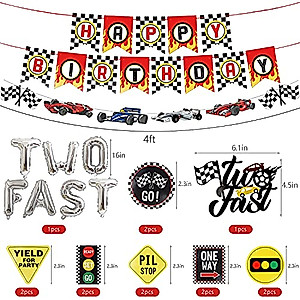 Racing Car Two Fast Birthday Decorations for Kids Boys Racing Theme 2nd Party Supplies With Banner, Cake Toppers and Checkered Balloons for Let's go Racing