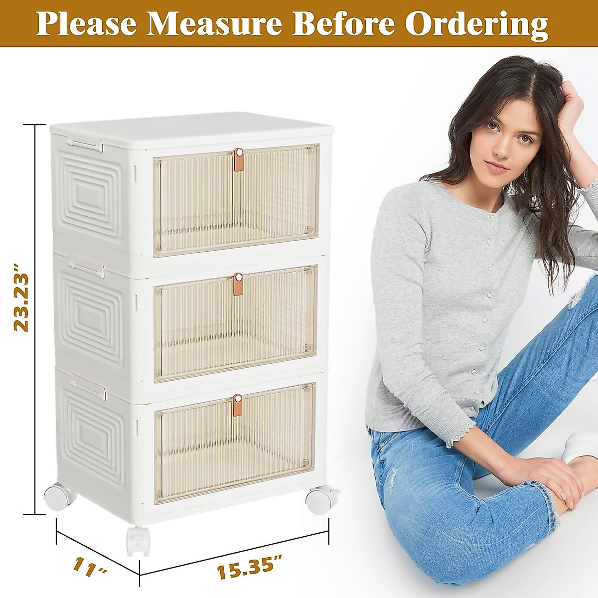 3 Tier Plastic Storage Bins with Lids 23QT, Stackable Storage Containers with Wheels, Folding Storage Boxes, Collapsible Storage Bins, Closet Organizers and Storage for Living Room,Kitchen,Office,Dorm