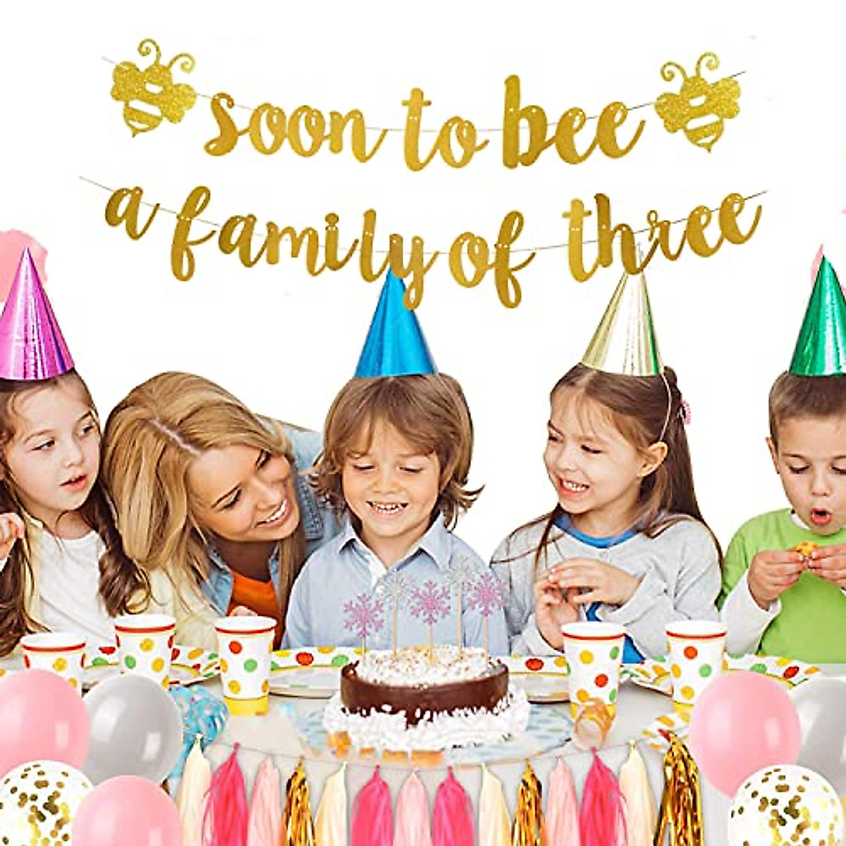 KUNGOON Soon To Bee a Family of three Banner, Gold Glitter Welcome Baby Party Paper Banner,Bumble Bee Theme Baby Shower/Mommy to Bee/Daddy to Bee Party Supplies Decoration(Gold).