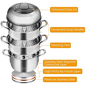 PETSITE 3-Tier Stainless Steel Steamer Pot, 11" Multi-Layer Cooking Pot, Steam Pot with Handles & Tempered Glass Lid, Steamer for Cooking