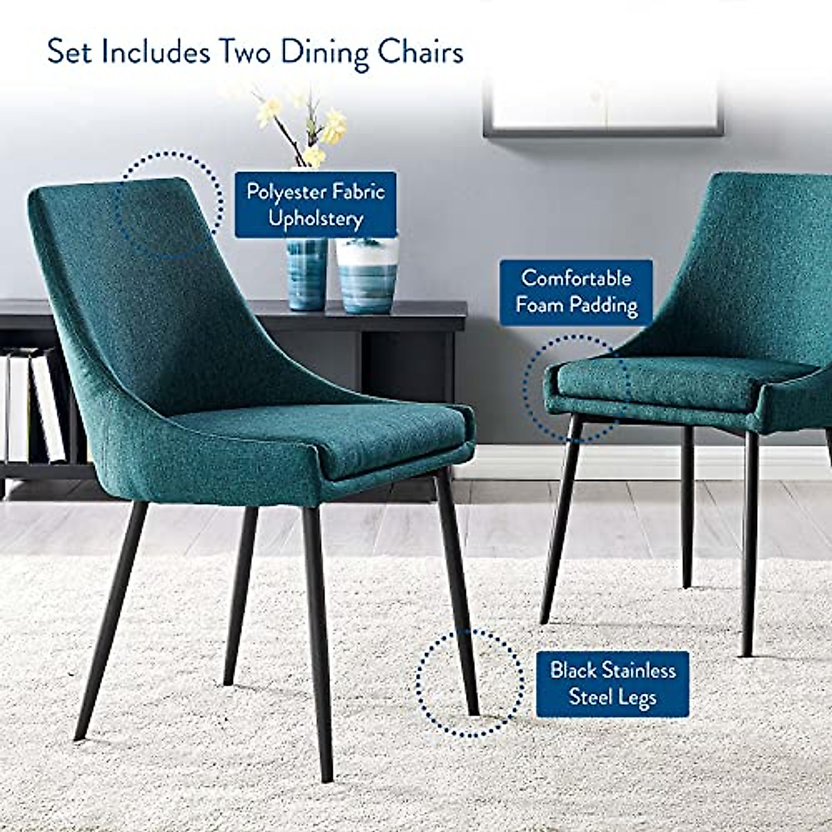 Modway Viscount Upholstered Fabric Side Dining Chairs Set of 2, Black Teal