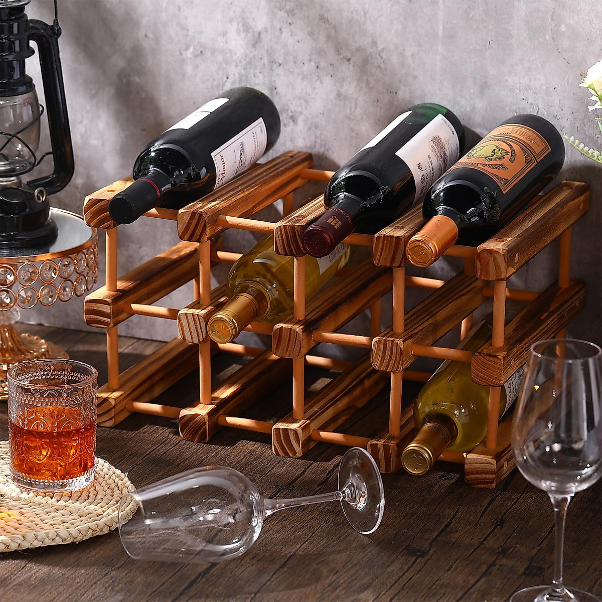 Kigley 4 Packs 48 Bottles Wine Racks Wood Stackable Modular Wine Holder Freestanding Modular Wine Bottle Storage Display Shelf Wood Wine Bottle Holder for Kitchen Bar Pantry Cellar (Brown)