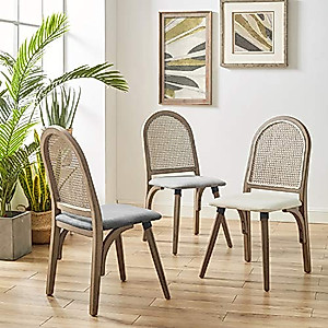 Art Leon Mid Century Modern Linen Upholstered Dining Side Chair with Rattan Woven Backrest, 1 Pcs, Dark Grey