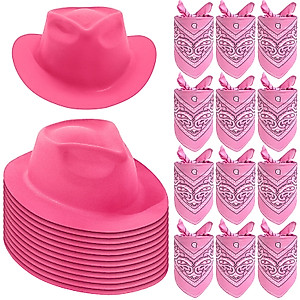 48 Pcs Western Pink Cowboy Party Hat Set with 24 Felt Hats and 24 Paisley Bandanas for Kids Costume