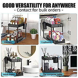 Eufrozy 2 Pack 2-Tier Under the Sink Organizer Bathroom, Sliding Under Cabinet Basket Organizer Adjustable Height Under Sink Storage for Kitchen Shelf Multi-Purpose Rack Drawer with 8 Hook 2 Cup