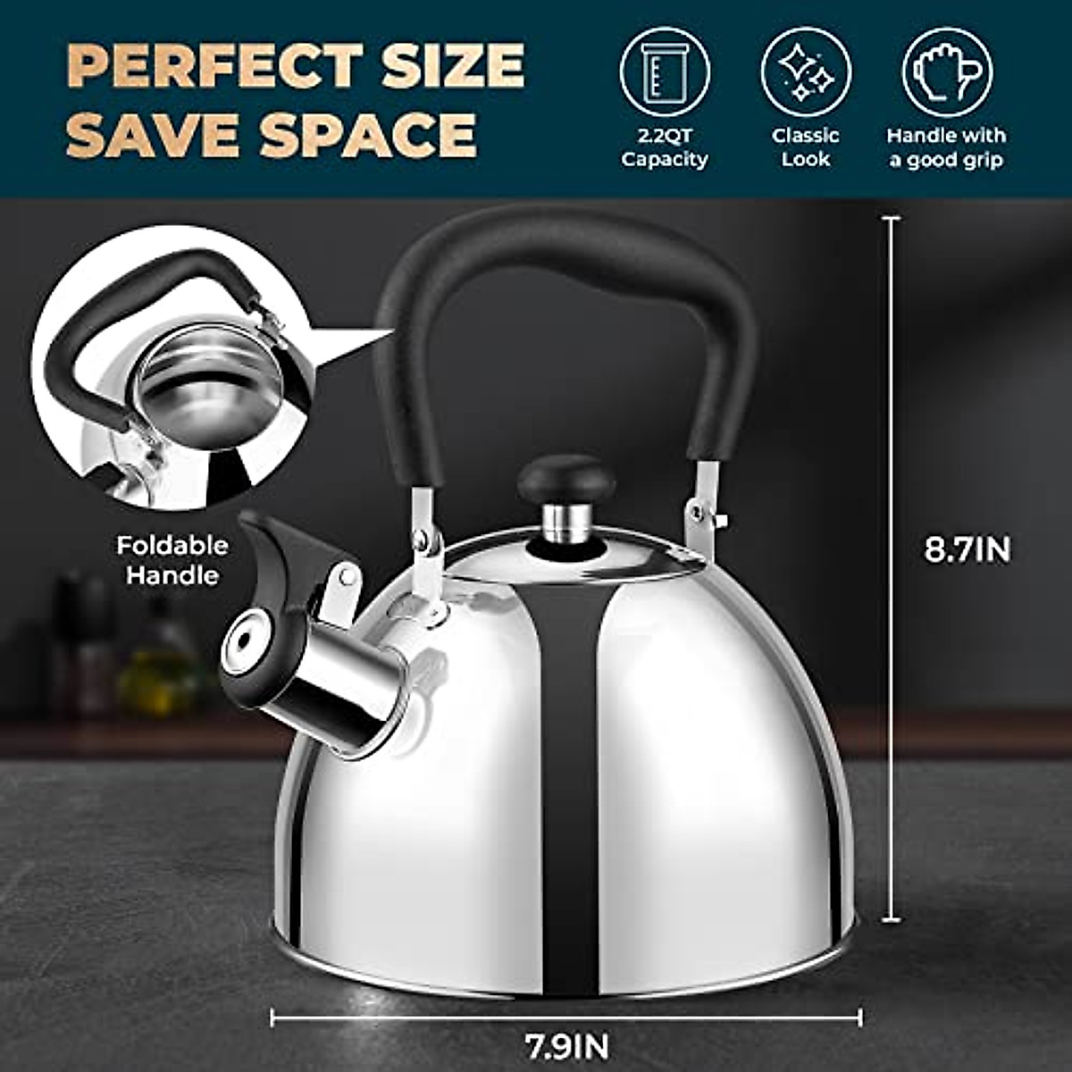 Tea Kettle for Stove Top - HIHUOS 2.2QT Whistling Teapot for Stovetop with Universal Base - Food Grade Stainless Steel Tea Pots for Stove Top - Mirror Sleek Teakettle with Cool Grip Bakelite Handle