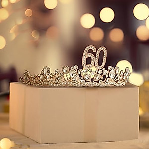 SWEETV 60th Birthday Crown Tiara Sash for Women Rose Gold Birthday Queen Sash and Tiara Crown Set Rhinestone Princess Headband for Birth Day Party Photograph