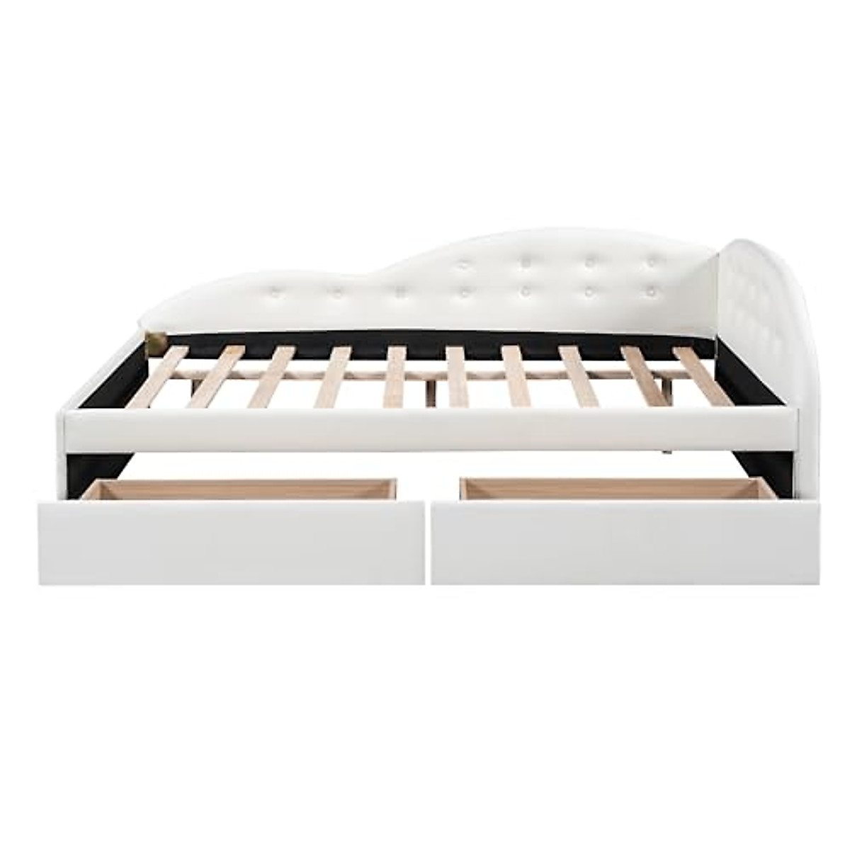 Full Size Upholstered Daybed with 2 Drawers and Cloud Shaped Guardrail, PU Upholstered Tufted Platform Bed with Wooden Slat Support for Bedroom Living Room, Easy Assembly (White + Upholstered-V23)