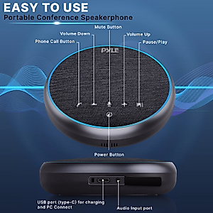 PyleUsa Conference Speaker Bluetooth Speakerphone - Multipurpose Conference & Streaming Speaker,Noise Canceling Swiss Immersive Crisp Voice Pickup for Office,Travel,Home, w/USB-C,Aux Cables - PSCN42