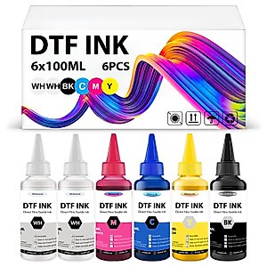 Kminoteh DTF Ink 600ML DTF Transfer Ink for PET Film, Premium Pigment Ink Refill for ET-8550 XP15000 L800 L805 R1800 R2400 Printers, High Fluidity & Coverage (100ML*6, 2W+BKCMY)