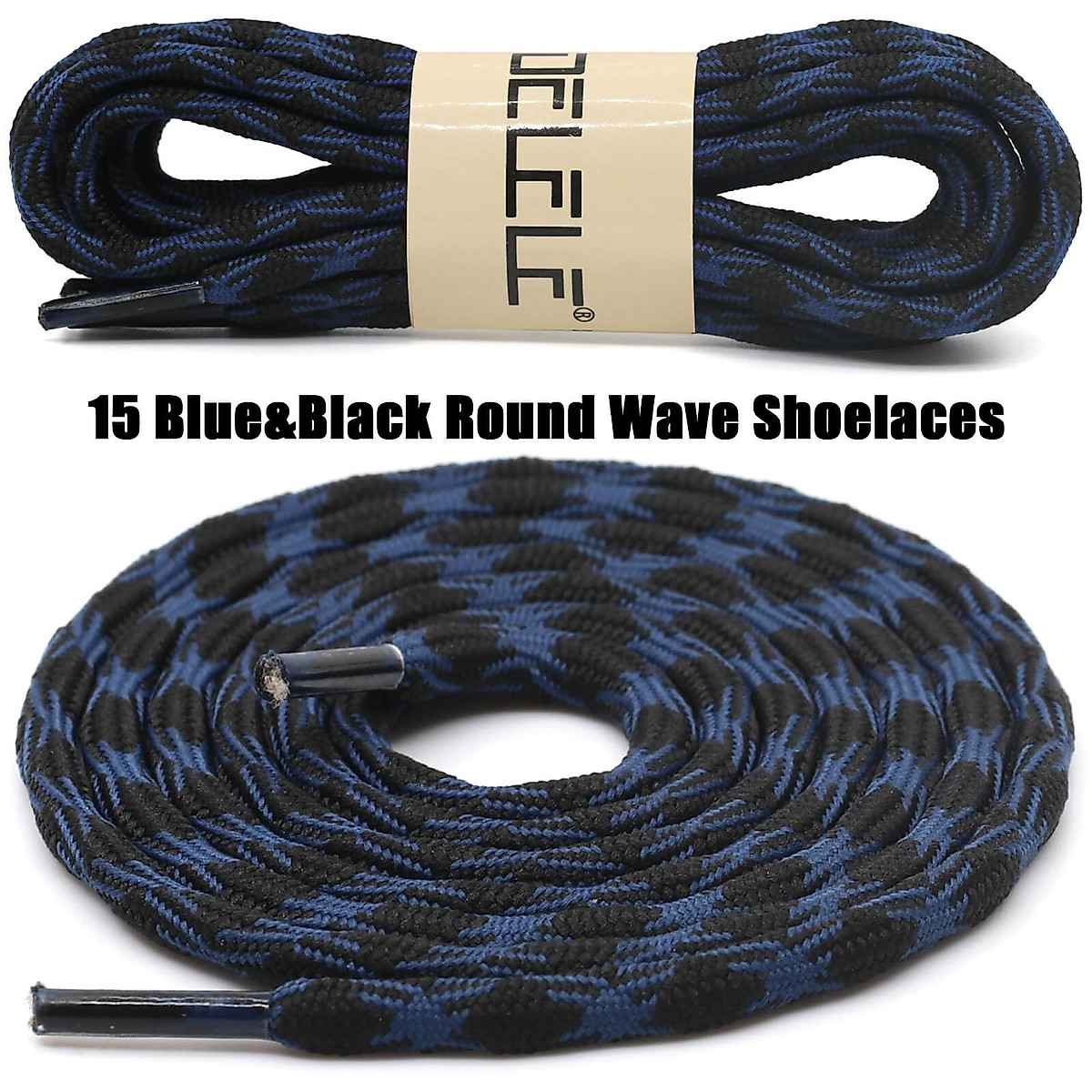 DELELE 2 Pair Round Wave Non Slip Outdoor Mountaineering Climbing Shoe Laces String Rope Blue&Black Hiking Shoelaces Men Women Shoestrings-55 inch