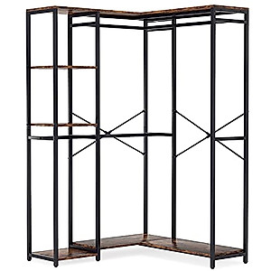 Tribesigns L-Shaped Clothes Rack for Corner, Heavy Duty Garment Rack with Shelves and Hanging Rods, Freestanding Closet Wardrobe Rack Metal Clothing Rack for Bedroom, Capacity 500lbs