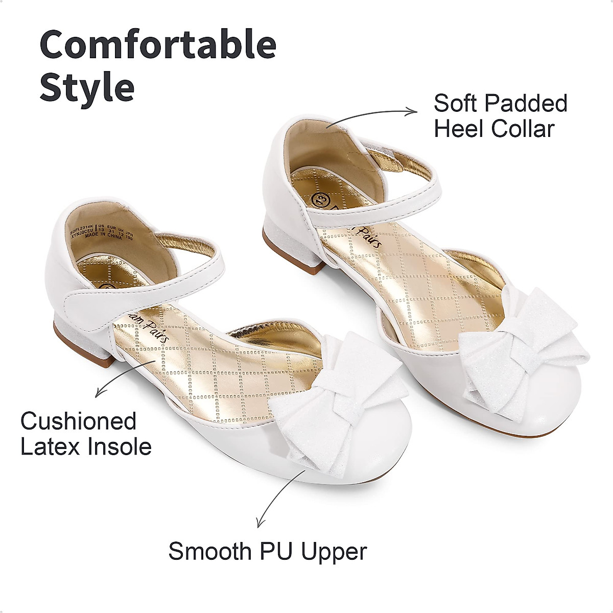 DREAM PAIRS Girls Dress Shoes Closed Toe Low Heels Ankle Strap Bow Ballet Wedding Party Sandals Princess Flower Shoes SDFL2314K White Size 2 Little Kid