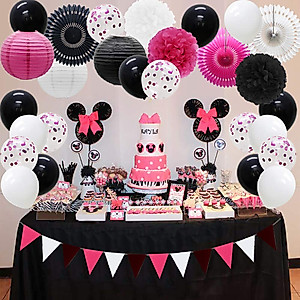 Meiduo Hot Pink White Black Party Decorations Paper Fans Lanterns Flower Pom Poms Felt Pennant Balloons for Lingerie Bridal Shower Minnie Mouse Themed Birthday Bachelorette Hen Party Valentine's Day