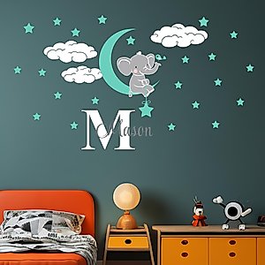 Custom Name & Initial decorationsnt Decor | Wall Decals for Kids Bedroom Decor | Elephant Baby Shower Decorations for Girl | Baby Elephant Nursery Decor with Moon Wall Decor (Wide 34"x18" Height)
