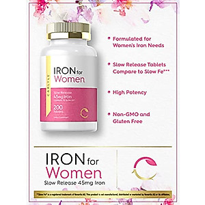 Iron Pills for Women | 45mg | 200 Slow Release Tablets | Vegetarian, Non-GMO, Gluten Free Supplement | by Carlyle