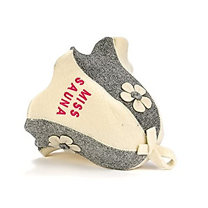Natural Textile Sauna Hat 'Miss Sauna Flowers' White/Grey - 100% Organic Wool Felt Hats for Russian Banya - Protect Your Head from Heat - Sauna eBook Guide Included - with Embroidery