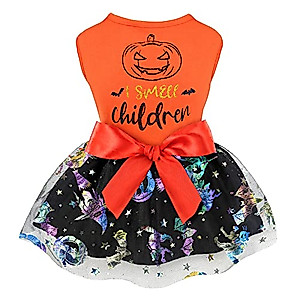 Malier Halloween Dog Costumes, I Smell Children Halloween Dog Tulle Dress Dog Clothes, Holiday Theme Costume Dress with Pumpkin Bat for Puppy Small Dogs and Cats (Small, Orange+Black)
