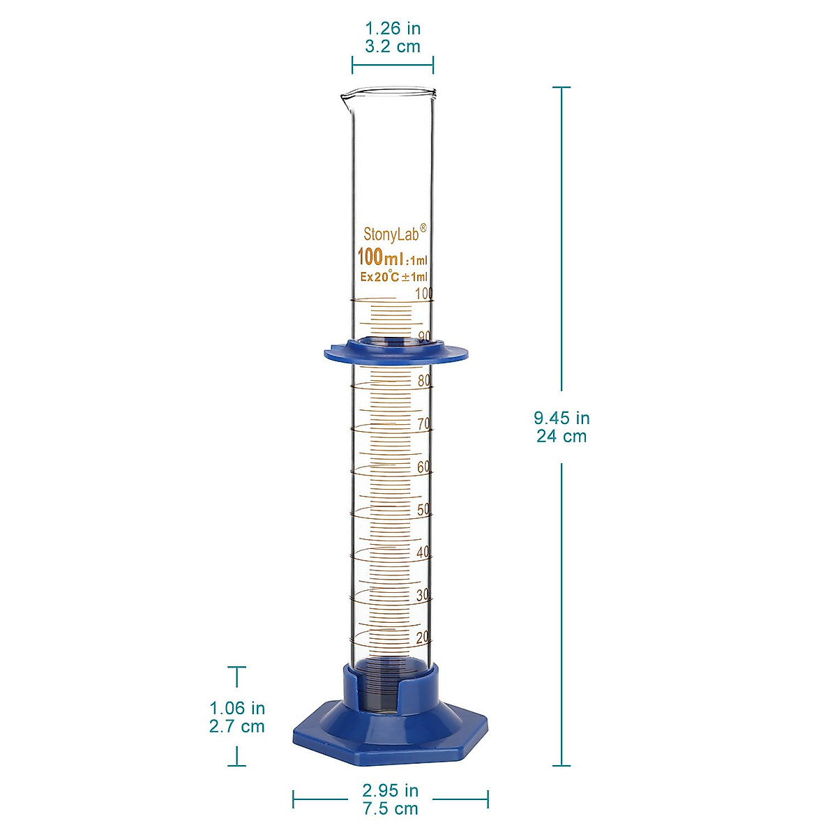 stonylab Graduated Cylinder, Laboratory Borosilicate Glass Graduated Measuring Cylinder with Plastic Hexagonal Base and Protective Collar, 100 ml