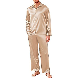 Ekouaer Mens Silk Pajama Set Long Sleeve Button Down Shirts Pjs Pants Set Satin Sleepwear Loungewear Set with Pockets Champagne L
