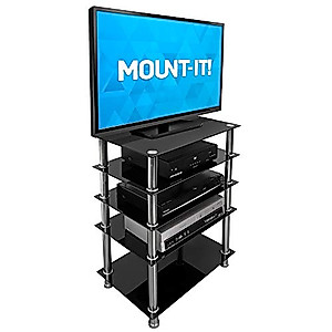 Mount-It! Tempered Glass AV Component Media Stand, Audio Tower and Media Center with 5 Shelves, 220 Lbs Total Capacity, Black Shelves Chrome Legs (MI-8671)