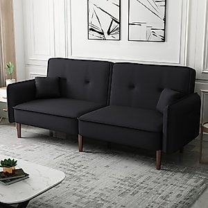 YuiHome Loveseat Futon, Convertible Sleeper Sofa Couch Bed in Cotton Linen Fabric for Living Room Bedroom Dorm Apartment Studio, Wood Legs, Black