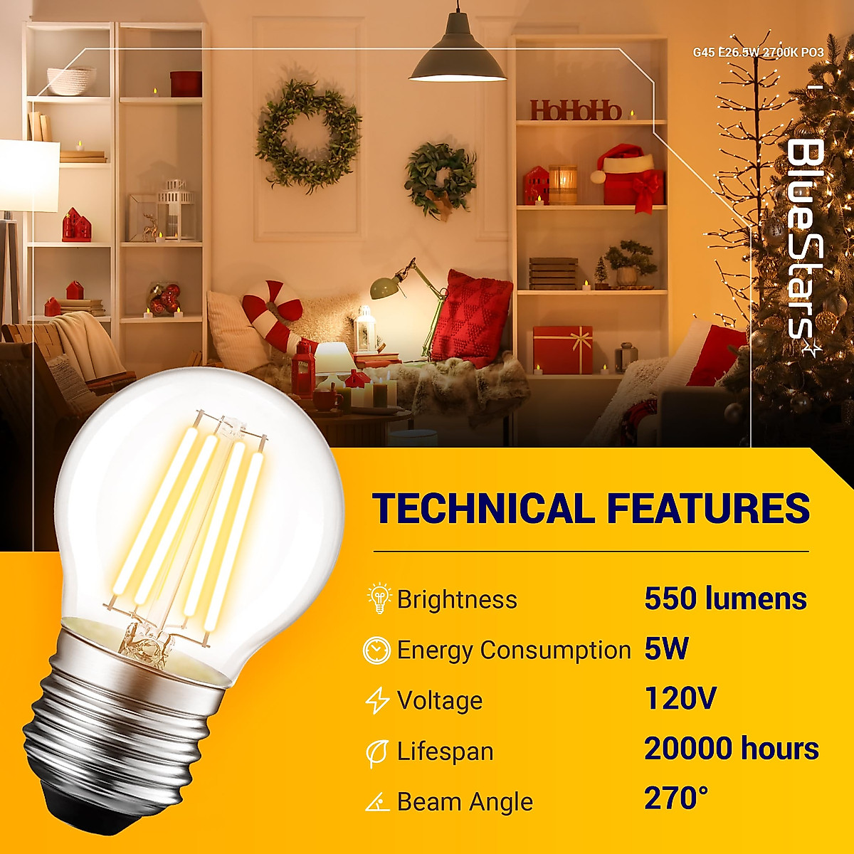 BlueStars G45 E26 Edison LED Filament Globe Bulb 120V 5W (60 Watt Equivalent), 2700K Warm White Light 550lm Non-Dimmable for Indoor Outdoor Christmas Halloween Holiday Decoration - 3 Packs