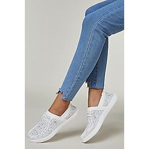 BELOS Women's Rhinestone Lace Up Loafers Shoes Comfortable Slip On Mesh Knit Walking Shoes Fashion Lightweight Sparkly Glitter Sneaker(White,8.5