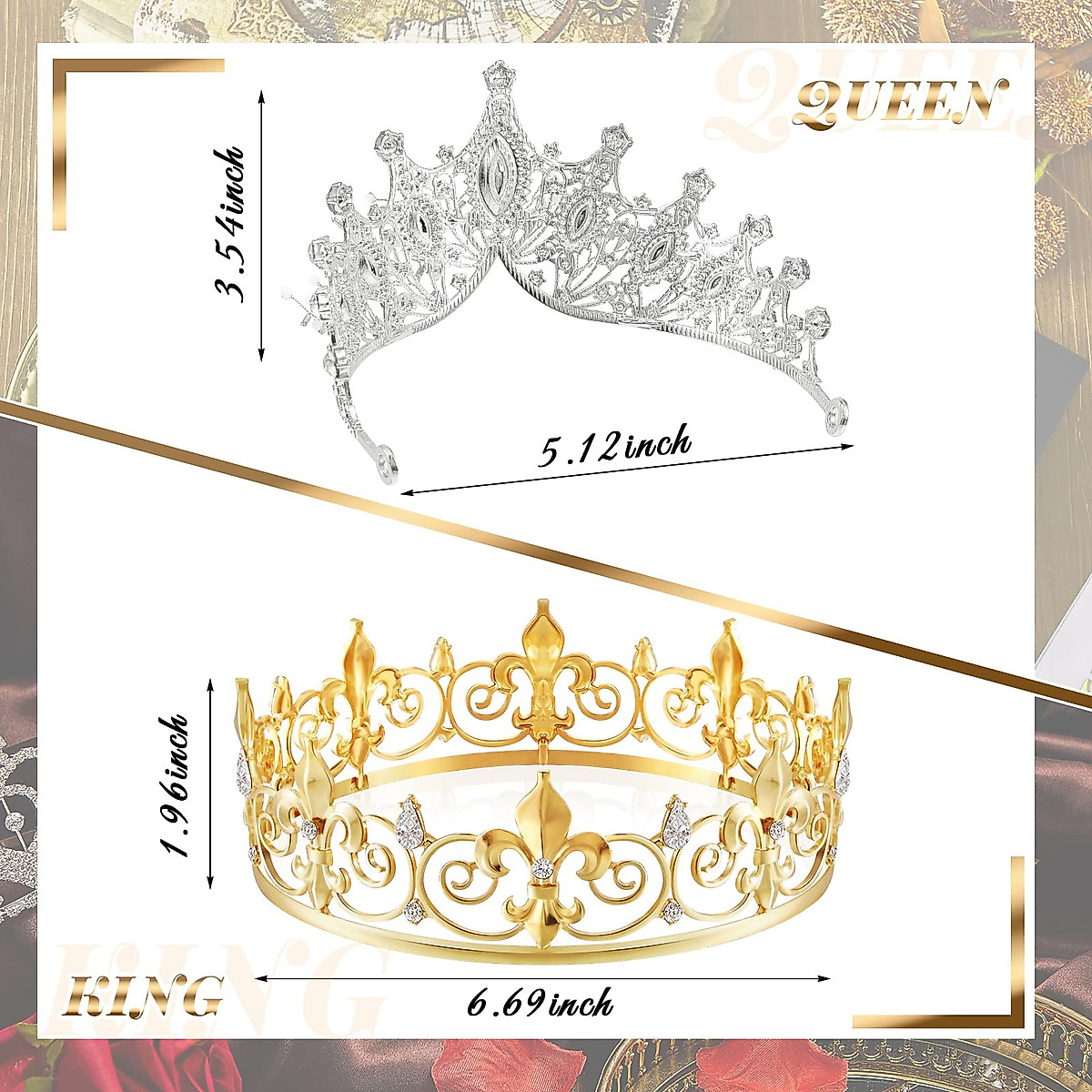 Henoyso 4 Pcs Prom King and Queen Crowns for Men Women King Queen Tiara Crystal Headband Homecoming Costume Party Favor(Gold, Silver, Exquisite)
