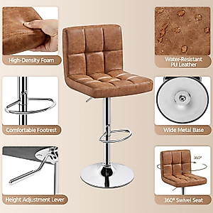 Yaheetech Bar Stools Set of 2, PU Leather Swivel Barstools, Height Adjustable Counter Chairs, Modern Stools with Back for Bar Kitchen Island Dining Room, Retro Brown