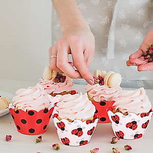 48 Pieces Ladybug Pattern Cupcake Wrappers Ladybug Cake Wrappers Reversible Dot Cake Wrappers Scalloped Cake Holder Wraps Small Cake Wrappers for Kids Birthday Party Baby Shower Baking Accessories