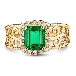 Lanmi Solid 14K Rose Yellow Gold Natural Emerald Rings Engagement Wedding Diamond Band for Women Promotion