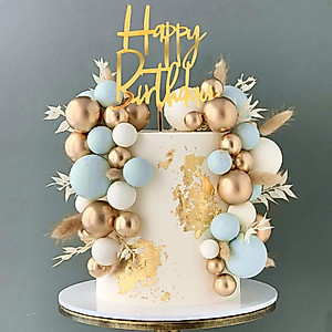 Blue Balls Cake Topper Boho Grass Cake topper Blue White Gold Pearl Balls Happy Birthday Cake Decorations for Wedding Baby Shower Birthday Boho Themed Party Supplies (Blue)