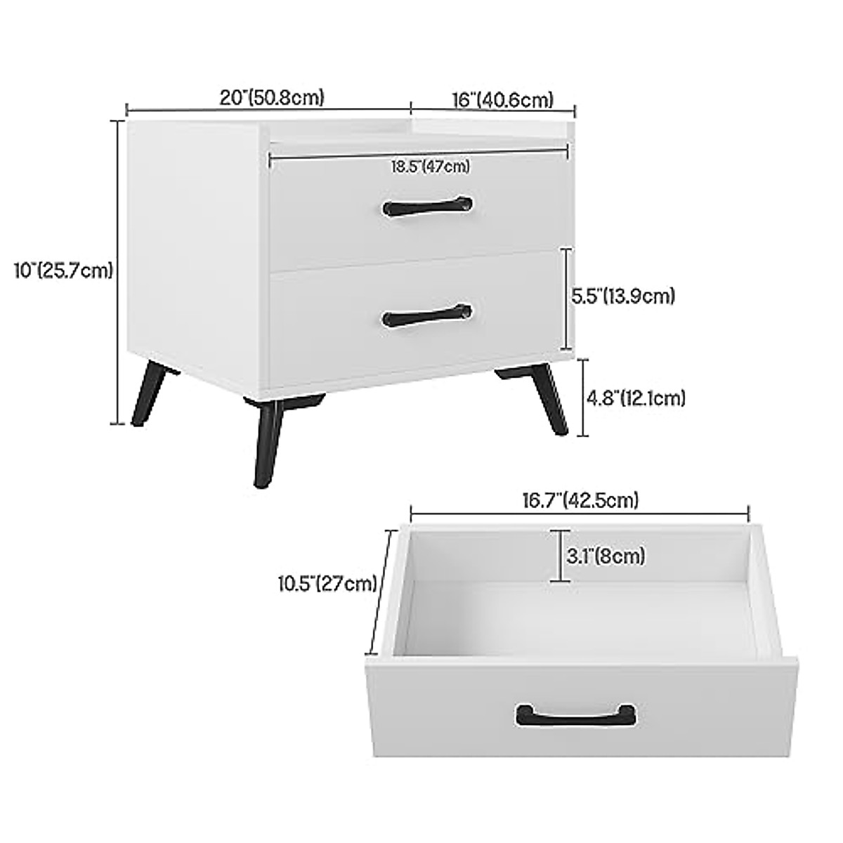 Youmumeub Nightstand with 2 Drawers White Besides Table for Bedroom Modern End Table for Bedroom Sofa Small Caninet with Solid Metal Legs