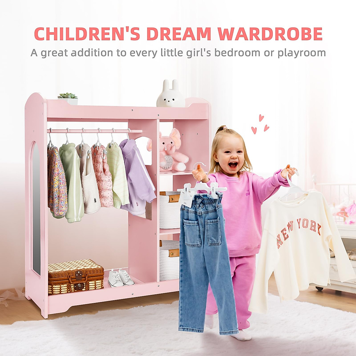 OOOK Kids Dress up Storage with Mirror, The Kids Closet Organizers and Storage Also Includes Kids Clothing Rack, Helping Children Manage Own Clothes, Nice Dressers for Kids Room, Nursery