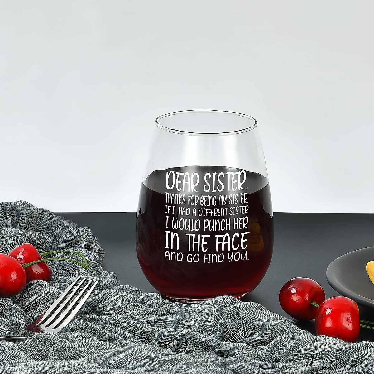 Funny Sister Wine Glass Gift 15Oz, Thanks for Being My Sister Stemless Wine Glass, Unique Thank You Gift for Sisters, Stepsisters, Sister in Law, Soul Sister, Christmas Gift, Birthday Gifts for Sister